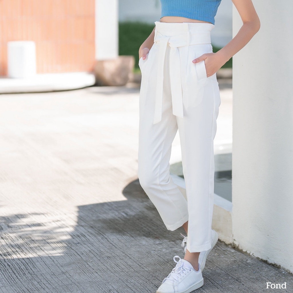 Fond - กางเกงขายาว เอวสูง ผูกโบว์ ขากระบอกเล็ก F012 - fondstore - ThaiPick