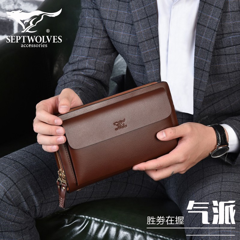 Septwolves wallet กระเป๋าสตางค์ใบยาวผู้ชายความจุขนาดใหญ่หนังซิปคู่ ...