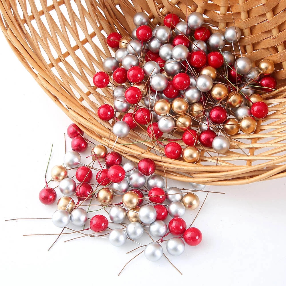 150 PCS Christmas Decor Plastic Artificial Mini Red Gold Silver Cherry ...