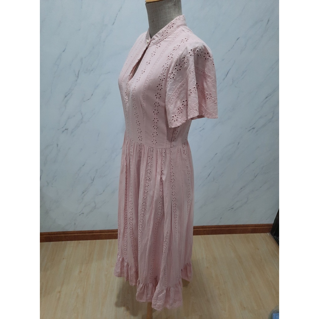 maxi dress เดรสยาวแขนสั้น ชมพู ลายฉลุ งานป้าย hiso hiso Size M มือสอง ...