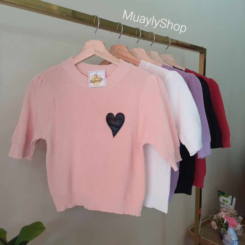 Herberty เสื้อไหมพรม ผ้านุ่ม คอกลม แขนตุ๊กตา ลายหัวใจสีดำ มินิฮาร์ท ...