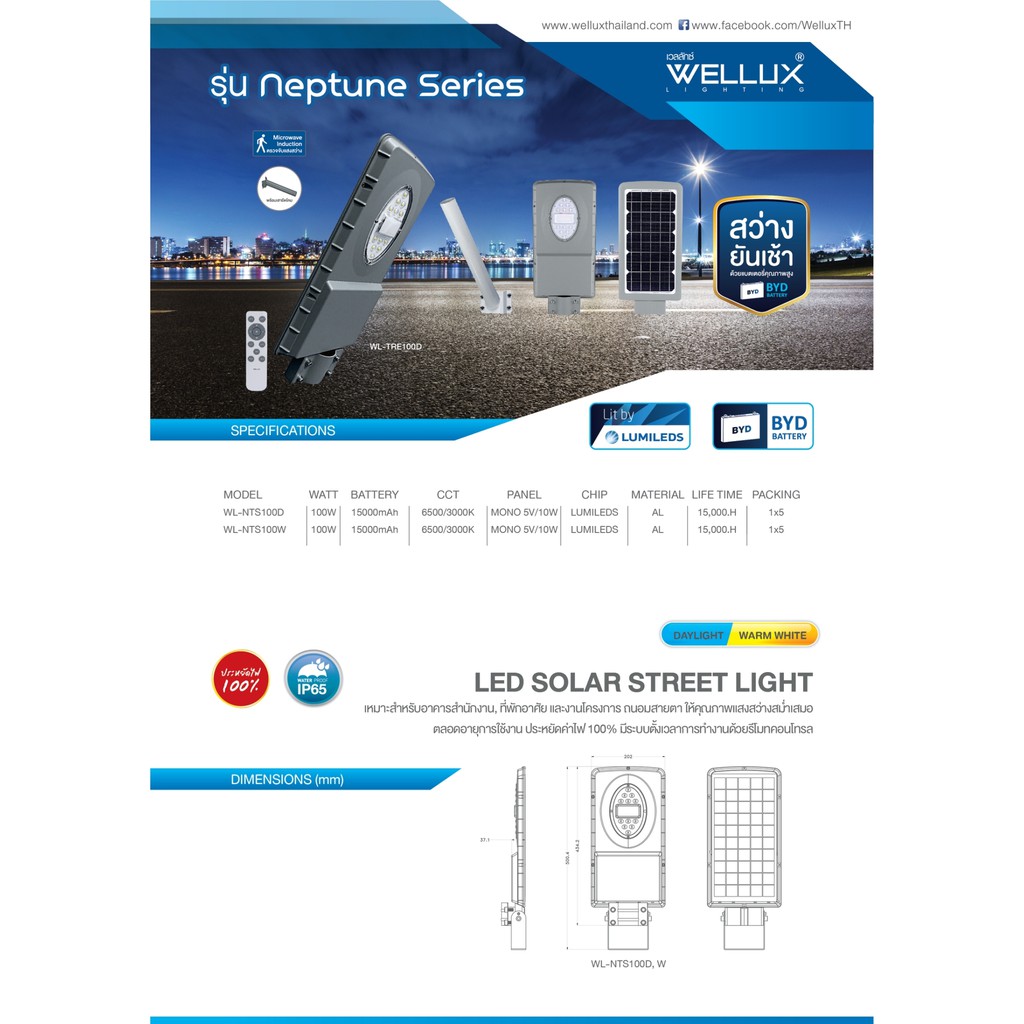 BYD BATTERYWELLUX โคมไฟถนนโซล่า 100W LED STREET LIGHT SOLAR รุ่น ...