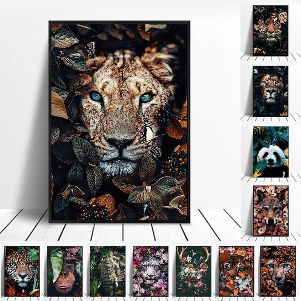 โปสเตอร์Nordic Flower Animal Mural Tiger Lion Zebra oster And rint ...