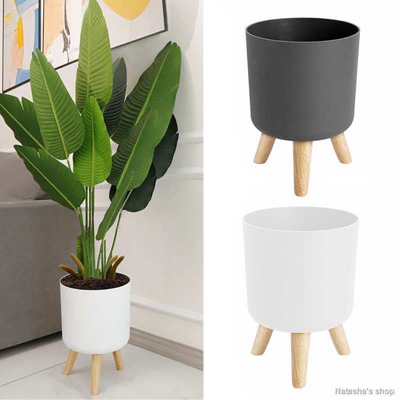 Indoor Outdoor Planter Green Plant Flower Pot with Wooden Legs Stand ...
