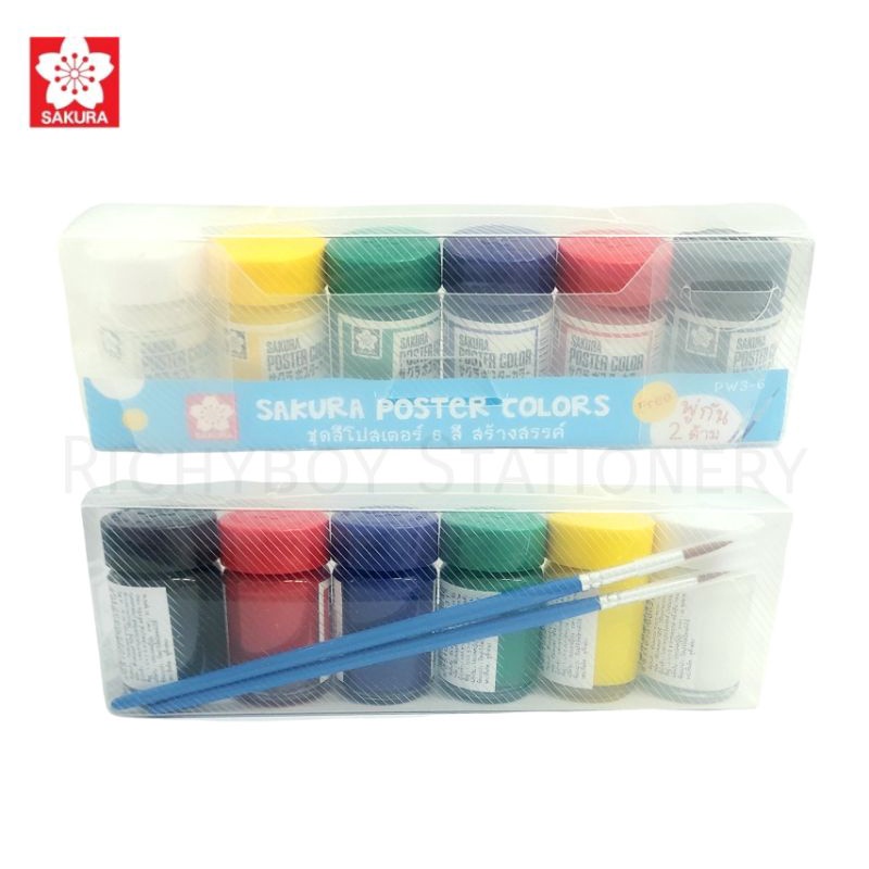 SAKURA POSTER COLOR SET สีโปสเตอร์ ซากุระ เซ็ต 6 สี 15ml. แถม พู่กัน 2 ...