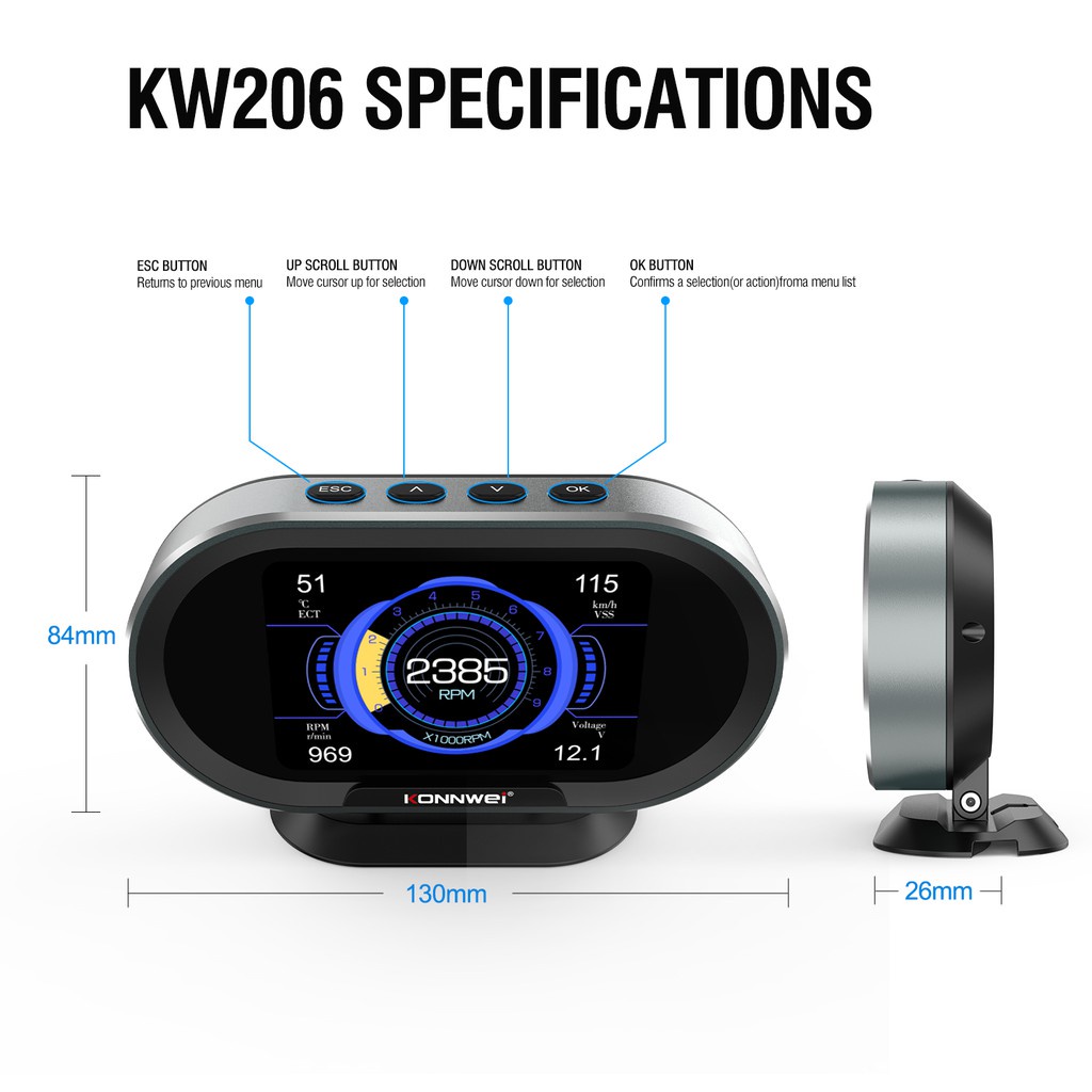 cag obd2 Konnwei KW206 OBD2 Scanner Auto Head Up Display Gauge RPM ...