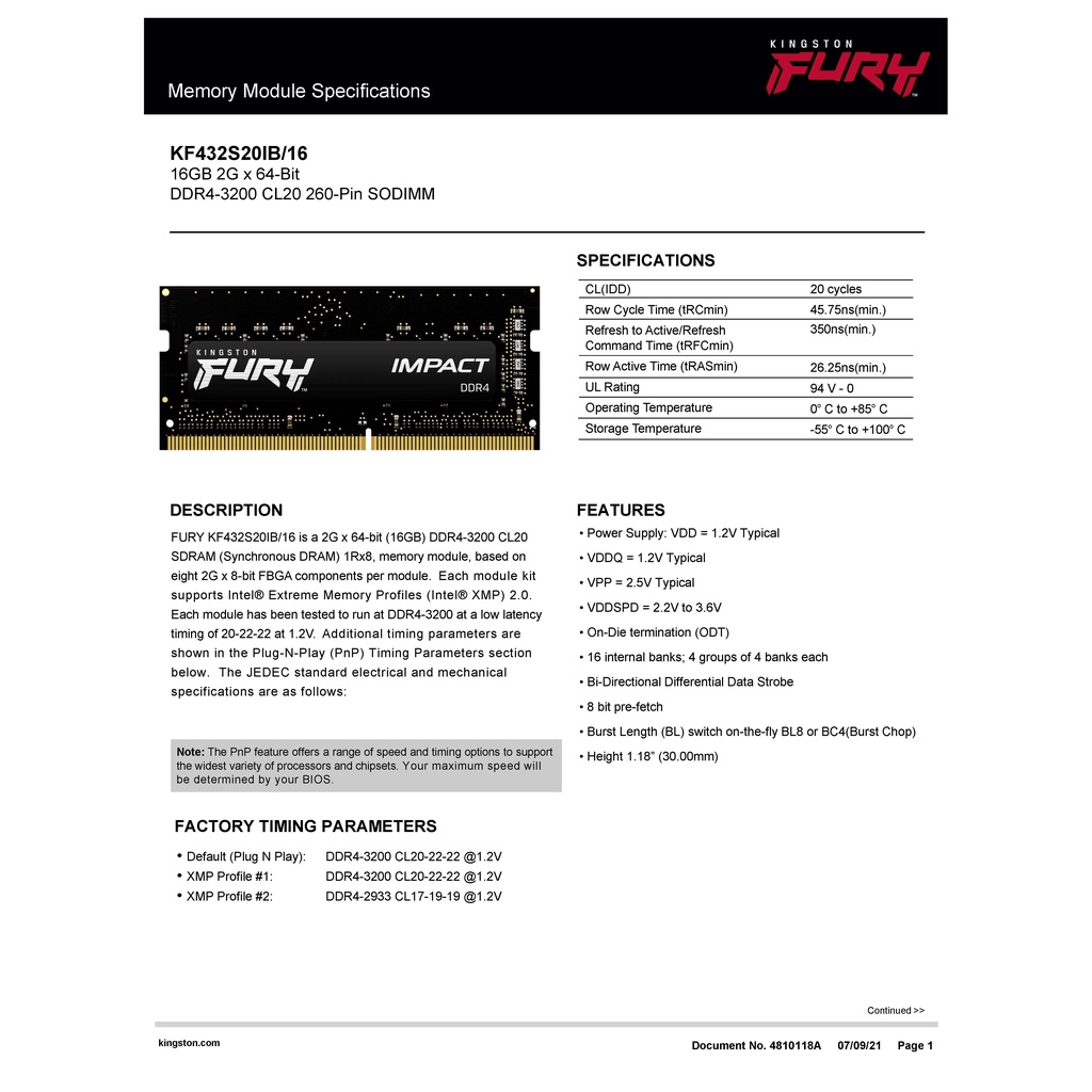 16GB (16GBx1) DDR4 3200MHz CL20 RAM NOTEBOOK (แรมโน้ตบุ๊ค) KINGSTON FURY IMPACT (KF432S20IB16 ...