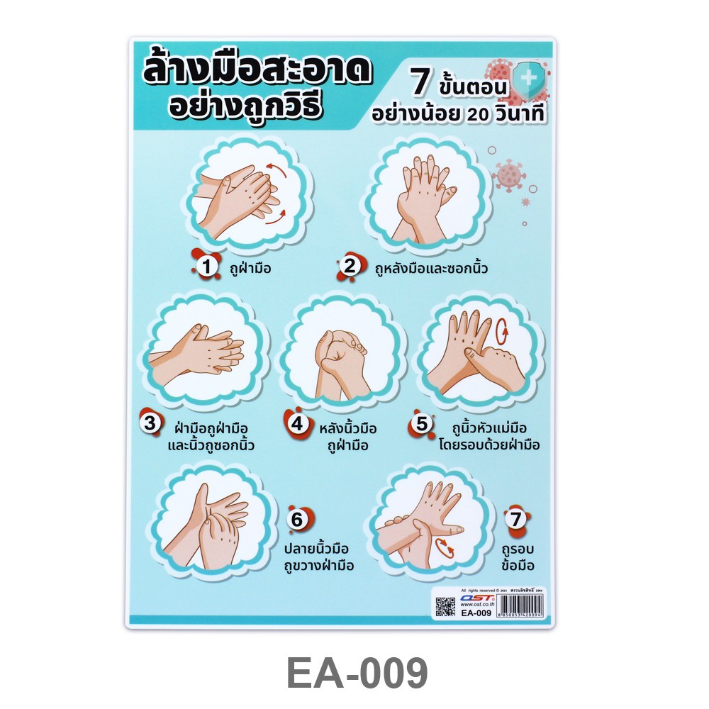 ล้างมือสะอาดอย่างถูกวิธี #EA-009 โปสเตอร์สื่อพลาสติก PP A4 (จำนวน 1 ...