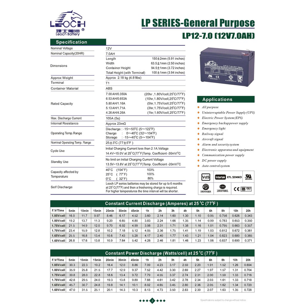 LEOCH แบตเตอรี่ แห้ง LP12-7.0 ( 12V 7AH ) VRLA Battery สำรองไฟ ฉุกเฉิน ...