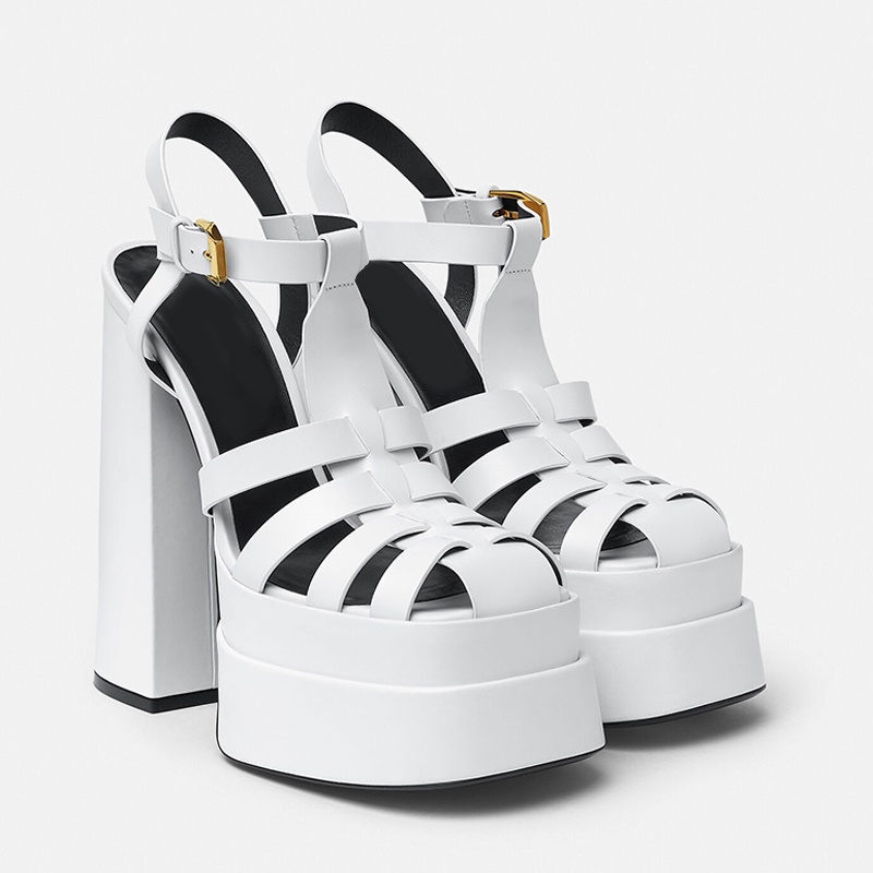 Women Sandals Solid High Heels Buckle Ankle Strap Ladies Shoes Thick