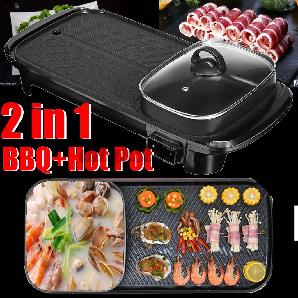 2 In 1 Magic Barbecue Electric Pan Grill Teppanyaki Hot Pot Steamboat ...