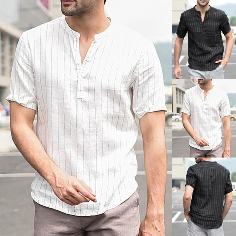 stripe shirt men linen short sleeve summer New fashion Short-sleeved ...