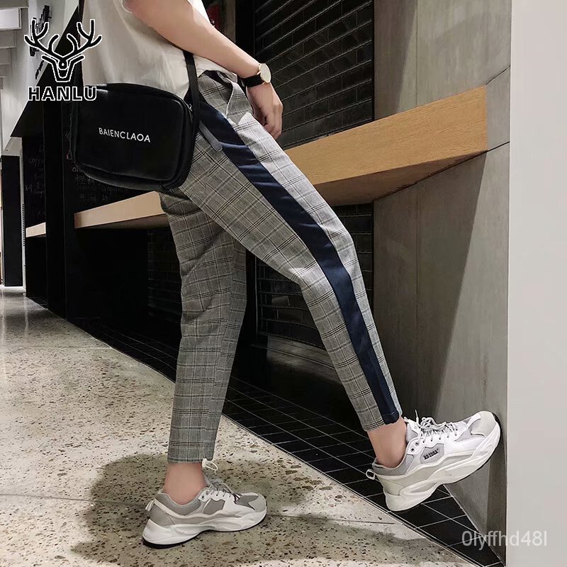 Hanlu กางเกงลำลองผู้ชายสไตล์ฮ่องกงสไตล์เกาหลีกางเกงลายสก๊อตผู้ชายหลวม ...