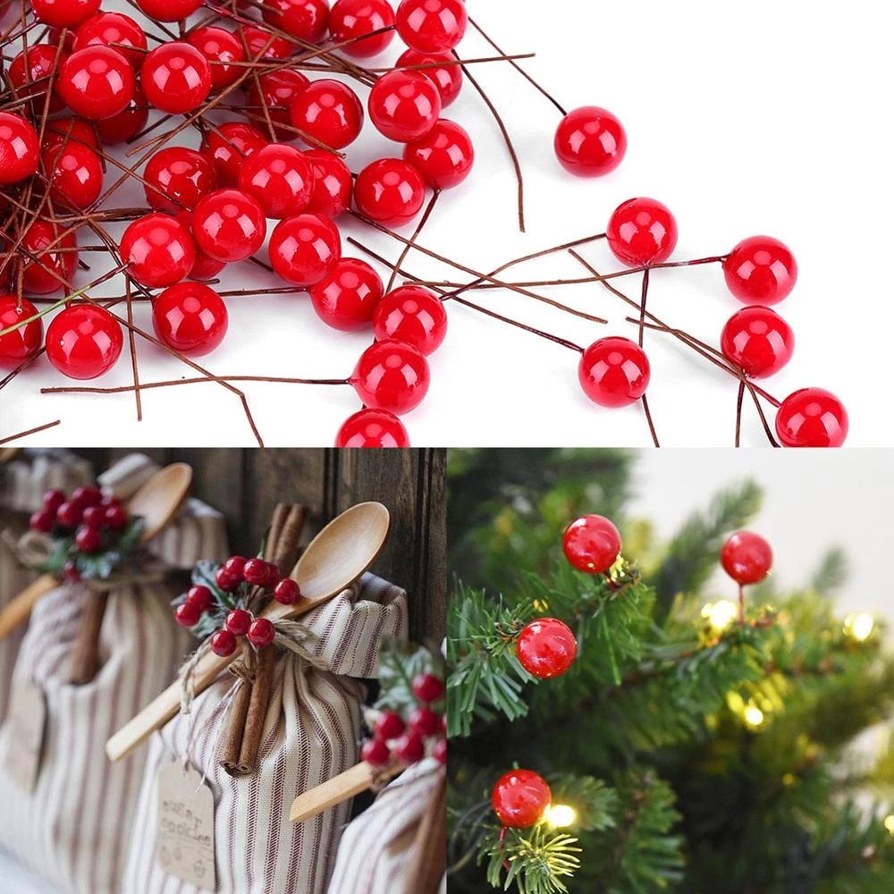 150 PCS Christmas Decor Plastic Artificial Mini Red Gold Silver Cherry ...