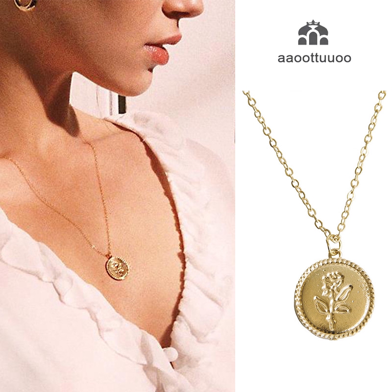 Retro Gold Coin Rose Pattern Pendant Necklace Charming Women's Clavicle ...