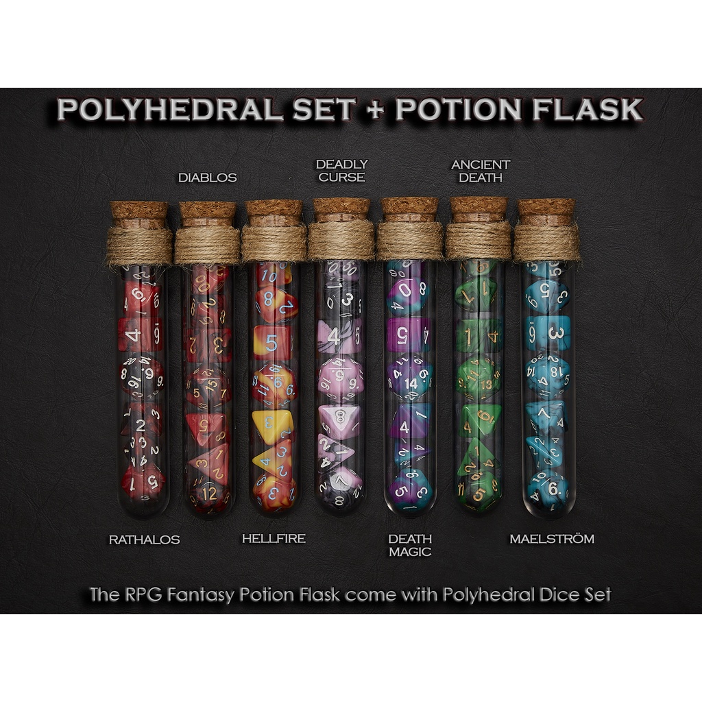 Polyhedral Dice Set of 7 with RPG Fantasy Potion Flask | Dungeons and ...