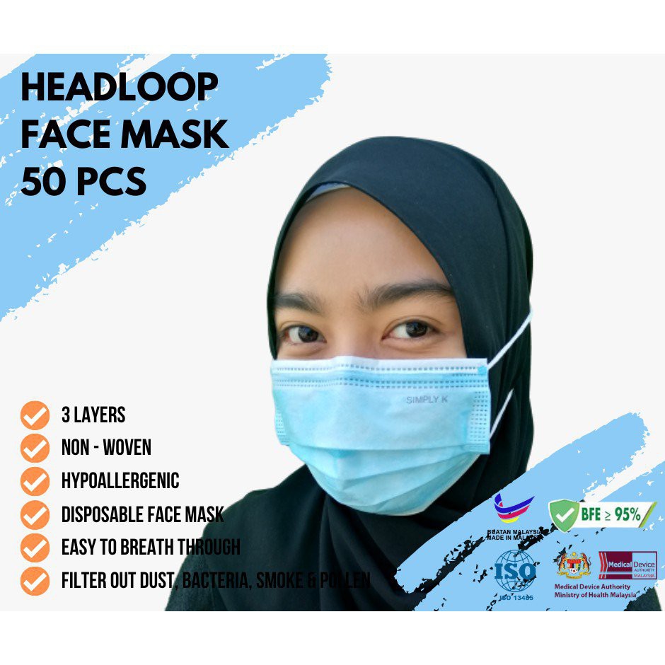 50 pcs Face Mask Disposable Mask 3ply Headloop Mask Hijab Mask Earloop ...