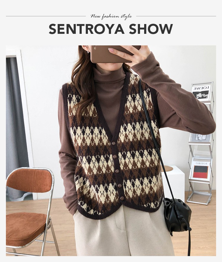 R etro R hombus สีจับคู่ถักเสื้อกั๊กสำหรับผู้หญิง2020ฤดูใบไม้ร่วงและฤดู ...