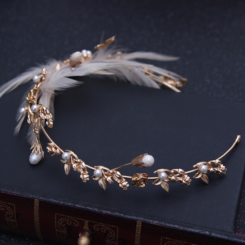 Baroque Vintage Gold Feather Crystal Pearl Headband Rhinestone Flower