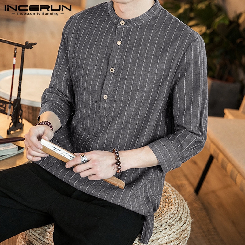 INCERUN Men Casual Retro Slim Fit Half Sleeve Striped Print Shirts aiFN ...