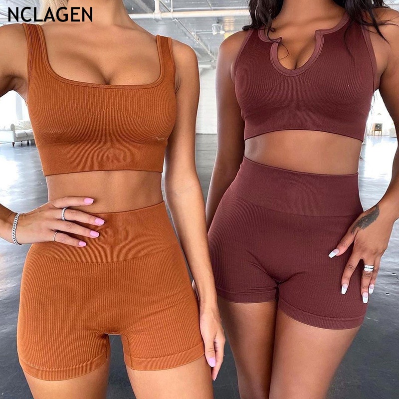 NCLAGEN Two-piece Set Ins Seamless Knitting Sexy Gym Sport Workout Running Sports Short Bra Yoga ...