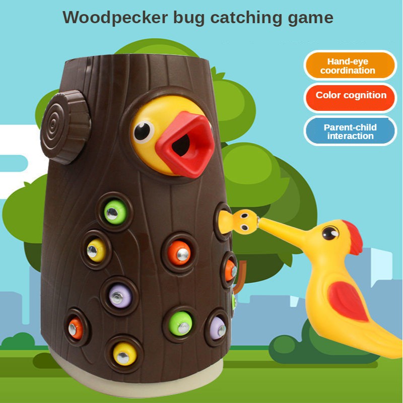 Kids Toy Magnetic Wooden Woodpecker Catch the Worms Animal Game Toy for Baby Fishing Insect ...