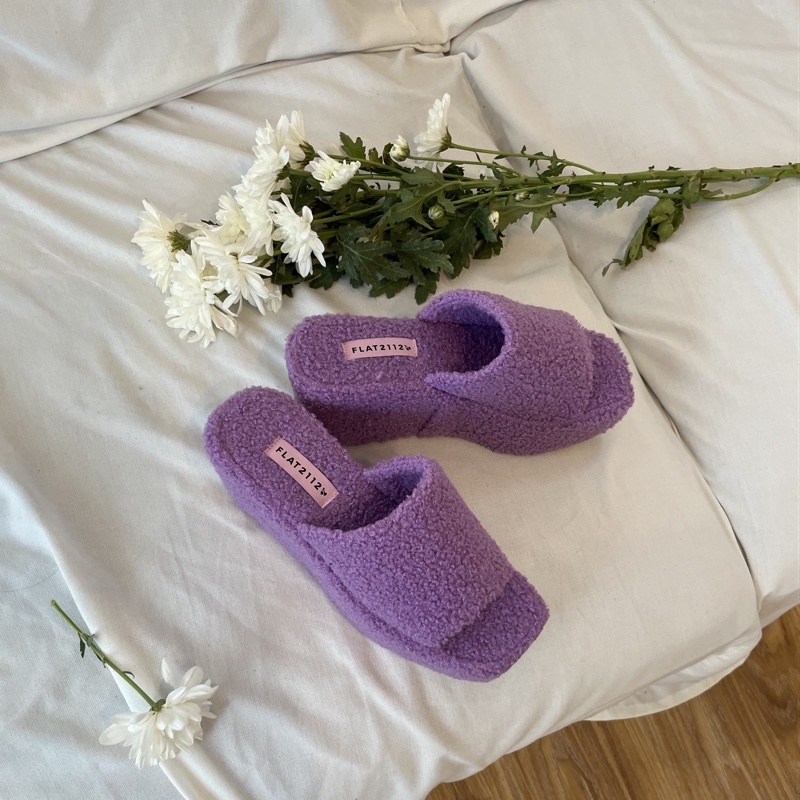 FLAT2112 FS0005 FLUFFY TEDDY SLIDES รองเท้าขนปุกปุยนุ่ม ส้นตึก ของแท้ ...