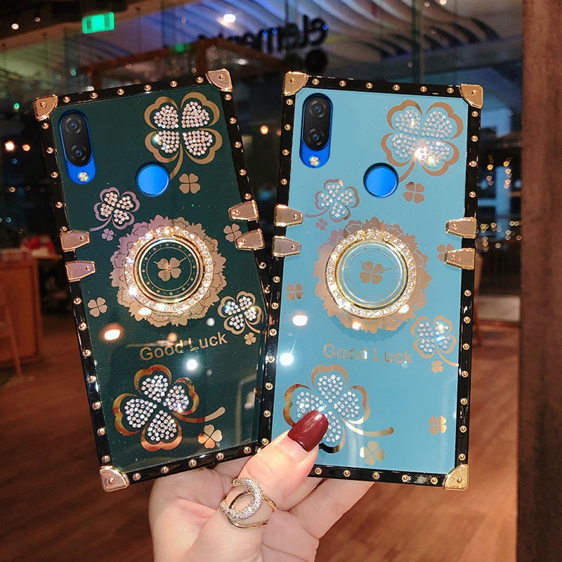 เคสโทรศัพท์มือถือ ทรงสี่เหลี่ยม ลายใบโคลเวอร์สี่แฉก กันกระแทก พร้อมแหวน ...
