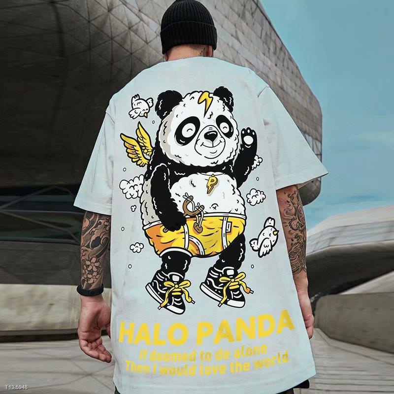 S-8XL แห่งชาติ tide สไตล์ฮ่องกงบุคลิกภาพ panda พิมพ์เสื้อยืดแขนสั้นผู้ชายและผู้หญิงคู่แฟชั่น ...