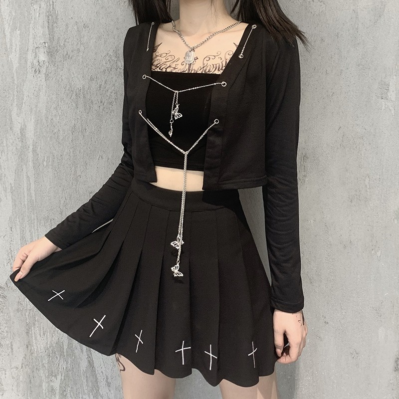 Lmc1001 เสื้อแจ็กเก็ต เสื้อคาร์ดิแกน ตัวสั้น แต่งสายโซ่ ลายผีเสื้อ ...
