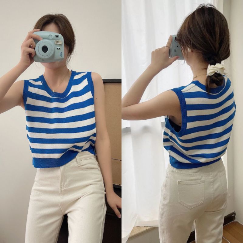 Eyofficial13029 JNBBเสื้อครอปแขนกุดคอกลมลายทางสามารถใส่เป็นเสื้อกั้กได้ ...