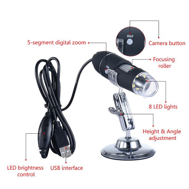 1600X USB Digital Microscope Camera Endoscope 8LED Magnifier with Metal ...