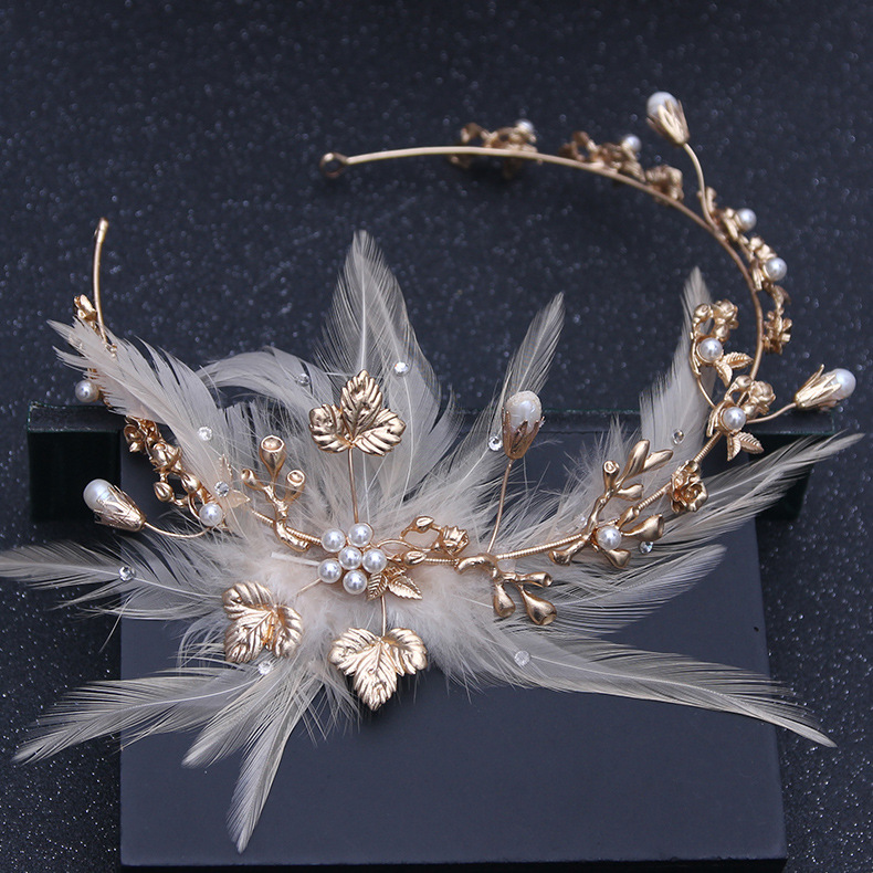 Baroque Vintage Gold Feather Crystal Pearl Headband Rhinestone Flower