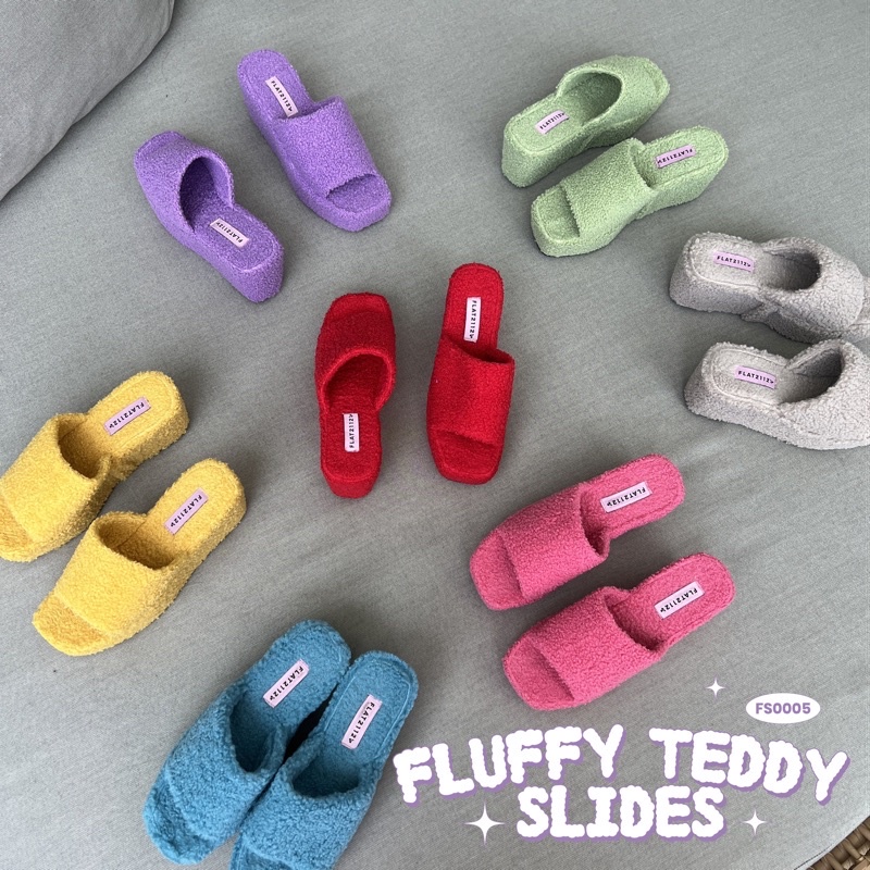 FLAT2112 FS0005 FLUFFY TEDDY SLIDES รองเท้าขนปุกปุยนุ่ม ส้นตึก ของแท้ ...