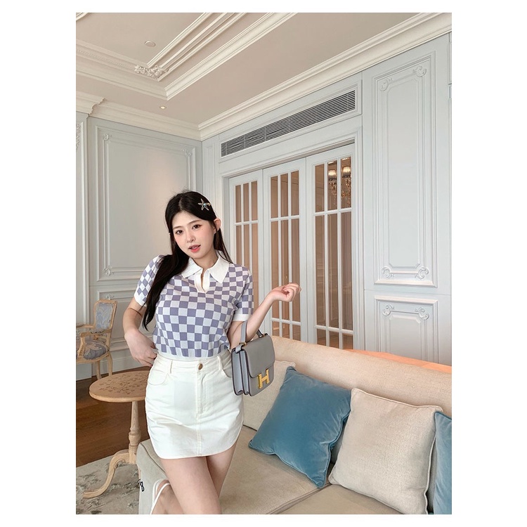 พร้อมส่ง เสื้อคอปกไหมพรม ลายคารางสีสุดคิ้วน่ารักๆ (32050) - water.melonny - ThaiPick