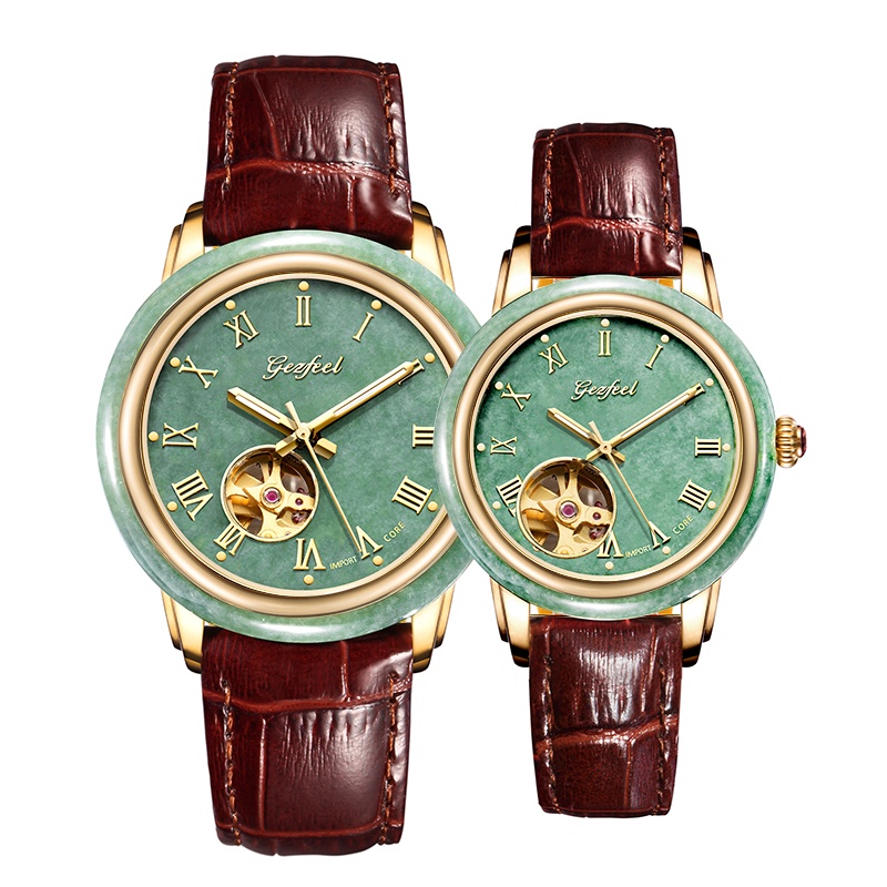 Gezfeel Couple Watch Jadeite Mechanical Watches Genuine Leather Jade ...