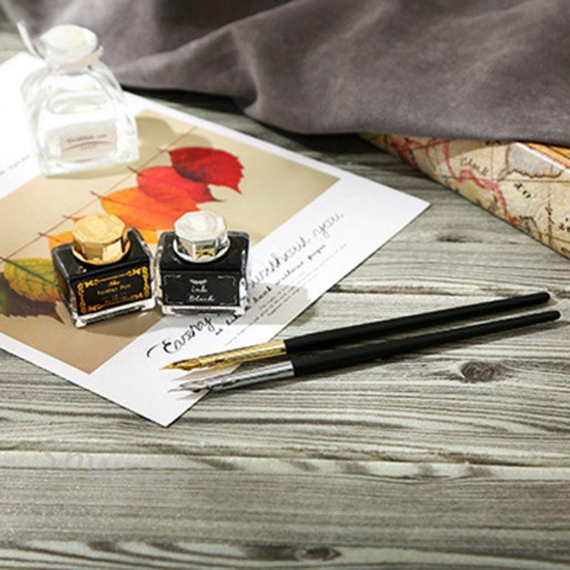 Wooden English Calligraphy Dip Pen Fountain Pens Holder with Ink Nibs ...