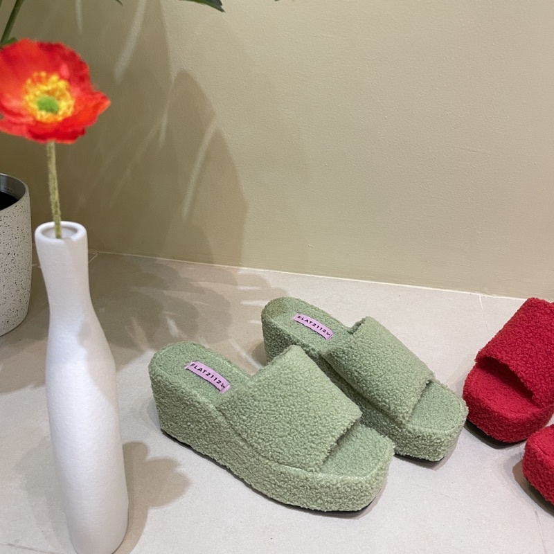 FLAT2112 FS0005 FLUFFY TEDDY SLIDES รองเท้าขนปุกปุยนุ่ม ส้นตึก ของแท้ ...
