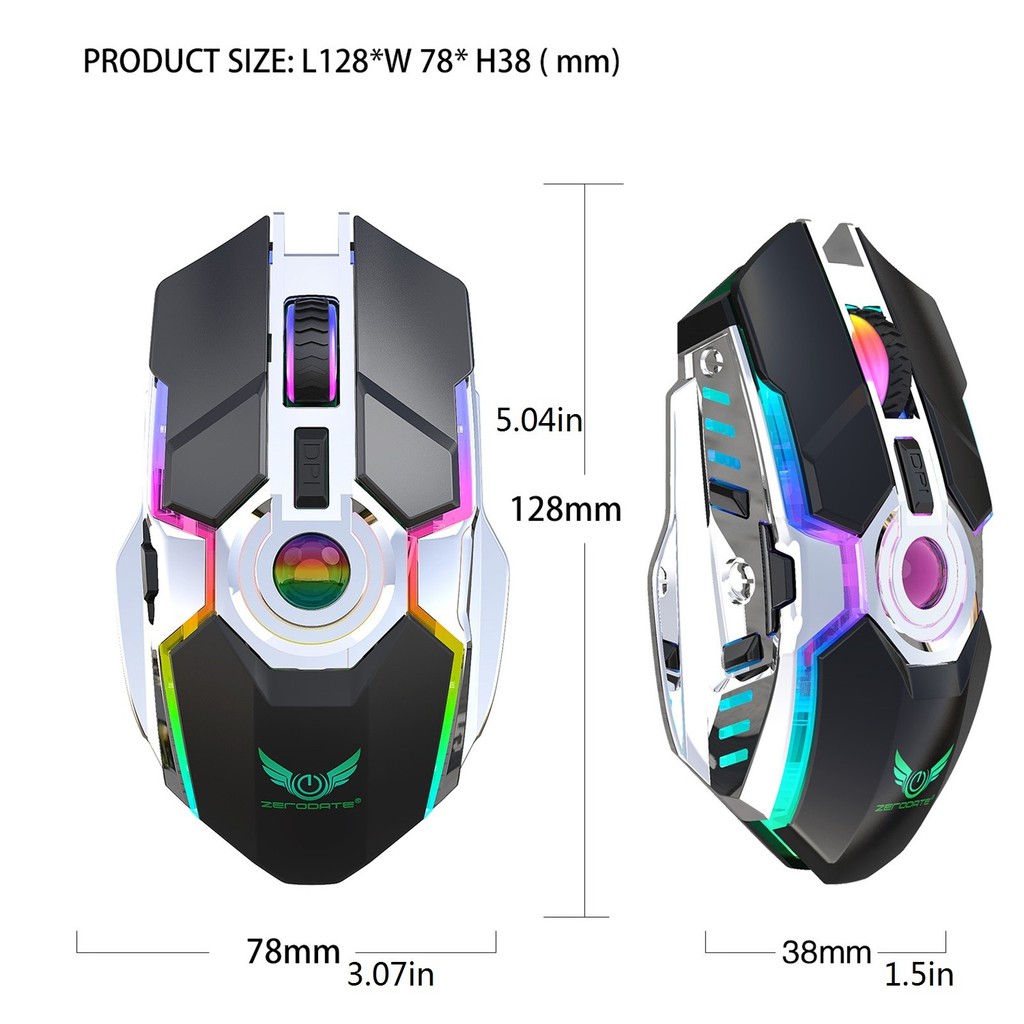 ZERODATE-T30 Wireless Mouse Rechargeable RGB Glow 2.4G Mouse Ergonomic ...