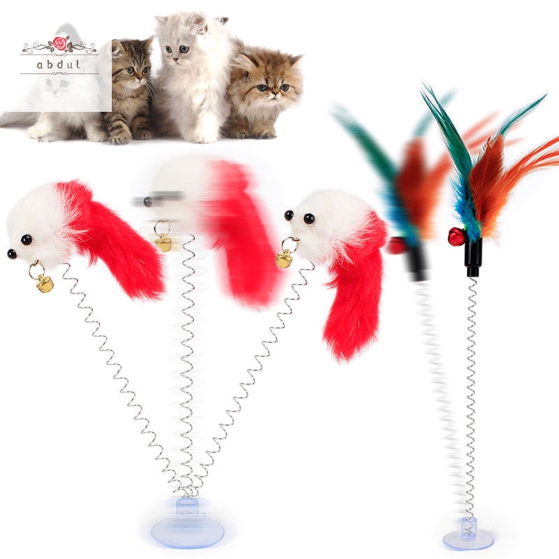 Cat Interactive Toy With Sucker Spring Feather Plush Mouse Funny Pet ...