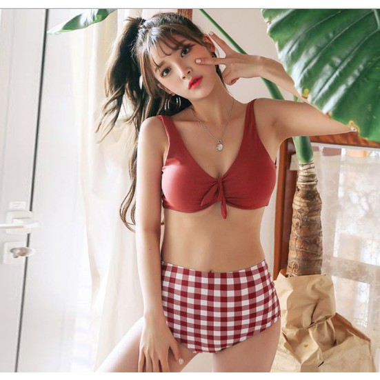 บิกินี่ Bikini เซ็กซี่ สไตล์สาวเกาหลี ชุดว่ายน้ำผู้หญิง ลายสกอตสีส้มอิฐ