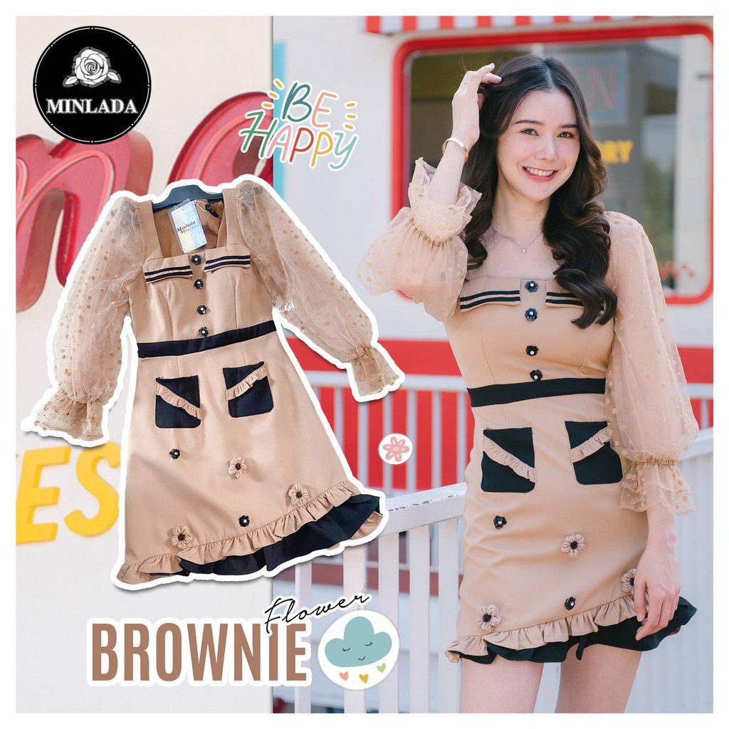 Minlada Brand การันตีเสื้อผ้าแบรนด์แท้ Dressสั้นหวานหวาน เสื้อแขนยาว น้พตาลตัดดำที่กระโปรงติด ...