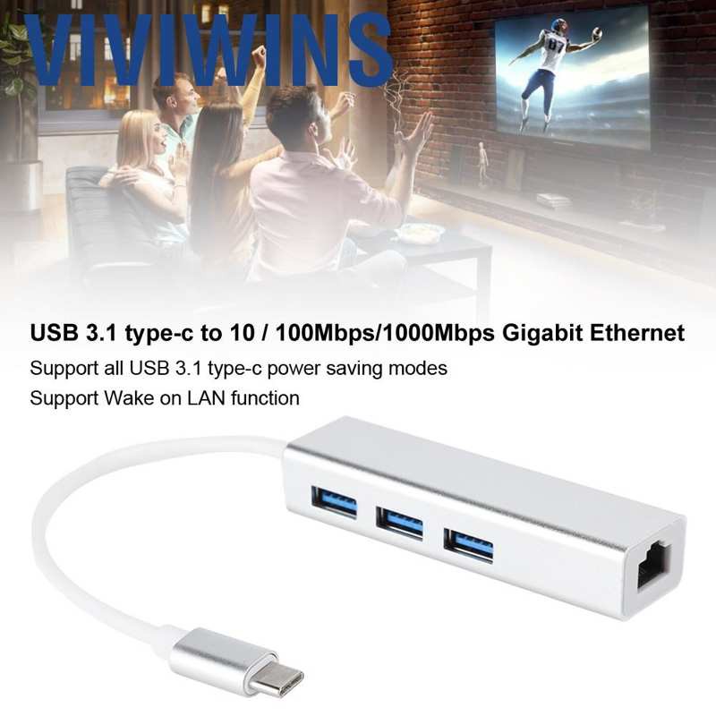 Viviwins อะแดปเตอร์ USB 3.0 to Ethernet 3 HUB พอร์ต 101001000 Mbps RJ45 Gigabit Type C LAN ...