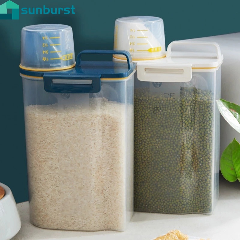 Kitchen Food Storage Rice Bucket With Measuring Cup / Plastic Sealed ...