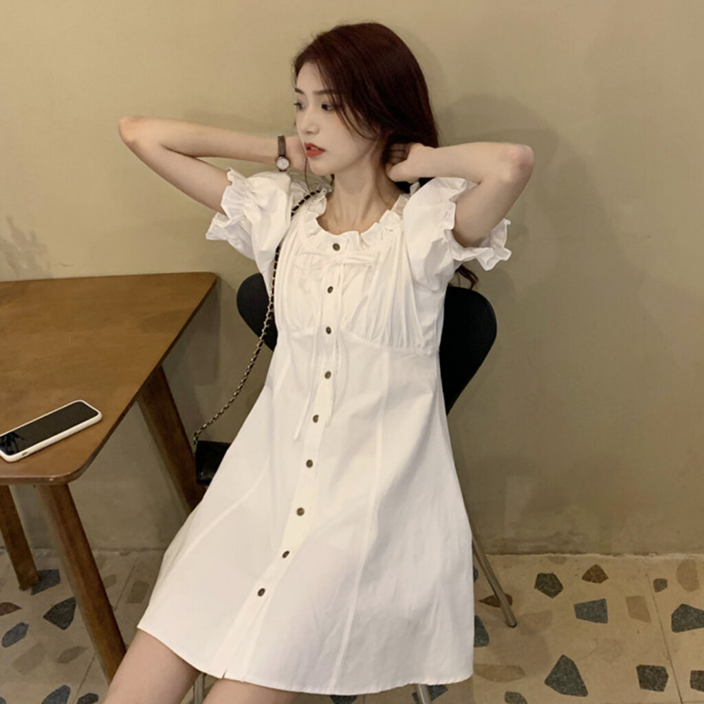 พร้อมส่ง Piki white dress เดรสแขนสั้นสีขาวงานสวย (IN34369 ...