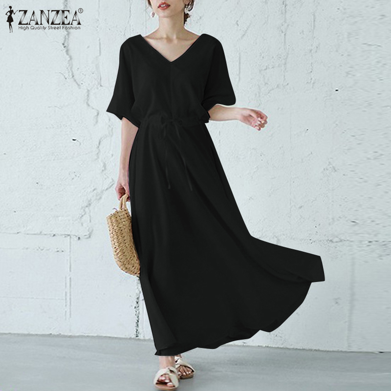 ZANZEA Women Casual V Necl Short Sleeve Drawstring Waist Swing Maxi ...