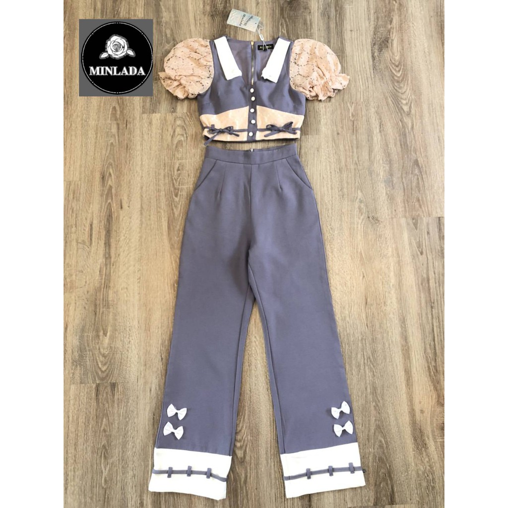 Minlada Brand การันตีเสื้อผ้าแบรนด์แท้ เซท กางเกง ขายาวทรงน่ารัก แต่งผ้าลูกไม้ช่วงแขนเสื้อ สี ...