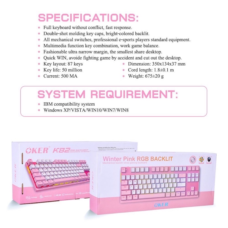 OKER K82 RGB Gaming Keyboard Mechanical Blue Switch คีย์บอร์ดเกมมิ่งบลู ...