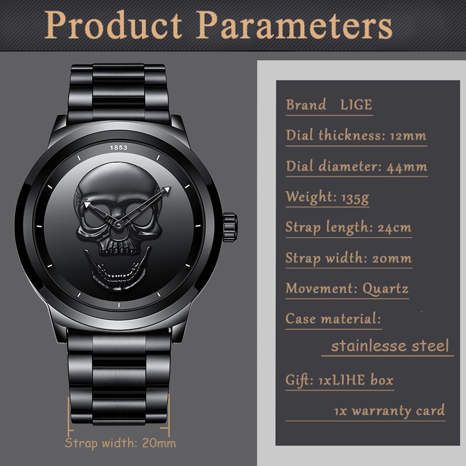 LIGE Cool Skeleton Skull Watch Men Full Stainless Steel Waterproof ...