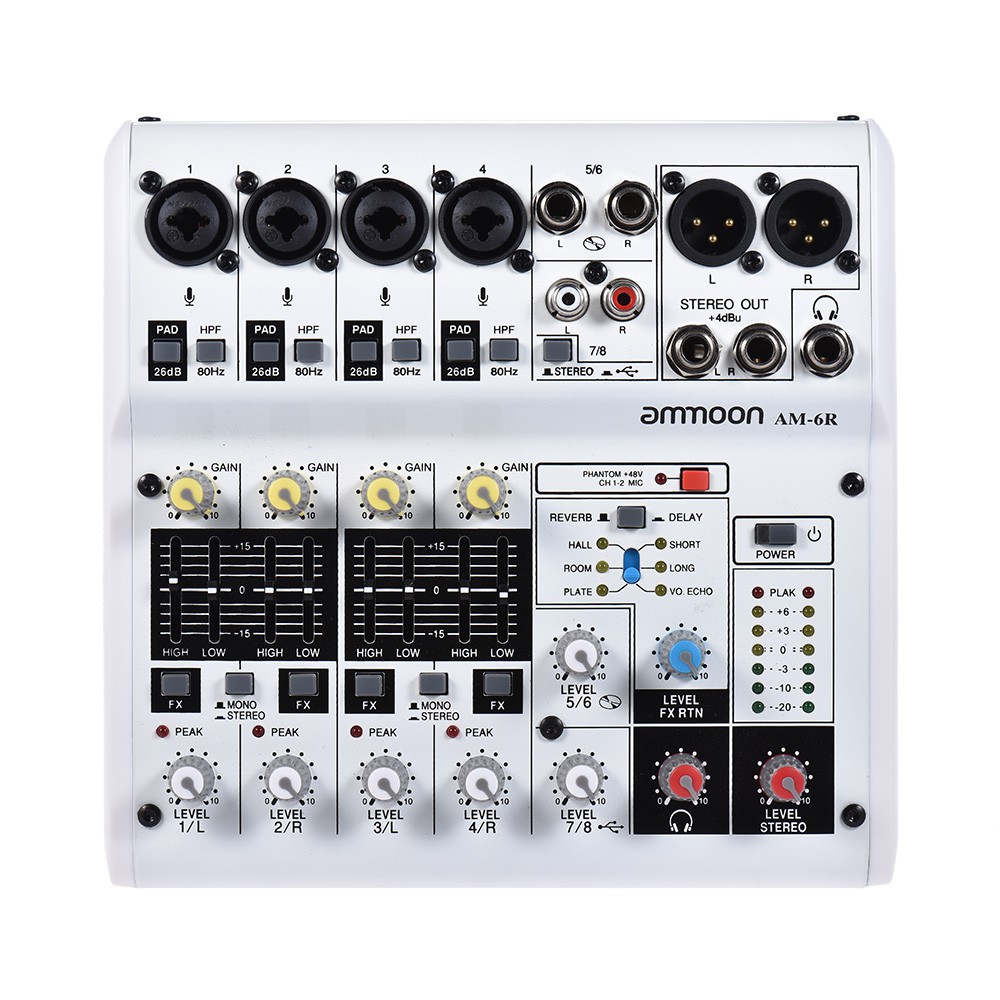 ammoon AM-6R 8-Channel Digital Audio Mixer Mixing Console Built-in 48V ...